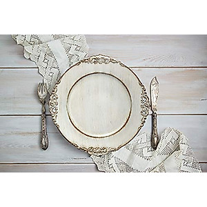 Tiger Chef 4-Piece 13-inch Royal Antiqued White Round Vintage Dinner Charger For Plates, Wedding Reception Chargers Plate Chargers For Table Settings Disposable Hard Round Charger Plates