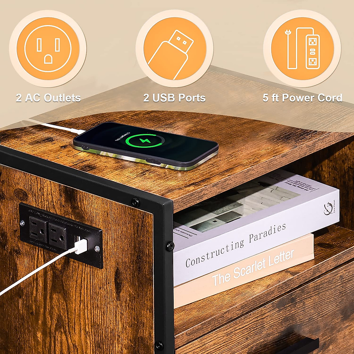 EOYUTLLY Nightstand with Charging Station,End Table with USB Ports & Power Outlets, Night Stands with Storage Drawer for Bedroom Living Room (Rustic Brown Set of 2)