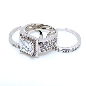 Beverly Bridal Wedding Ring Set For Women 3 Piece Large Engagement Ring Two Matching Anniversary Bands Square Halo Design White Gold Plated Cubic Zirconia Princess Cut Center Stone