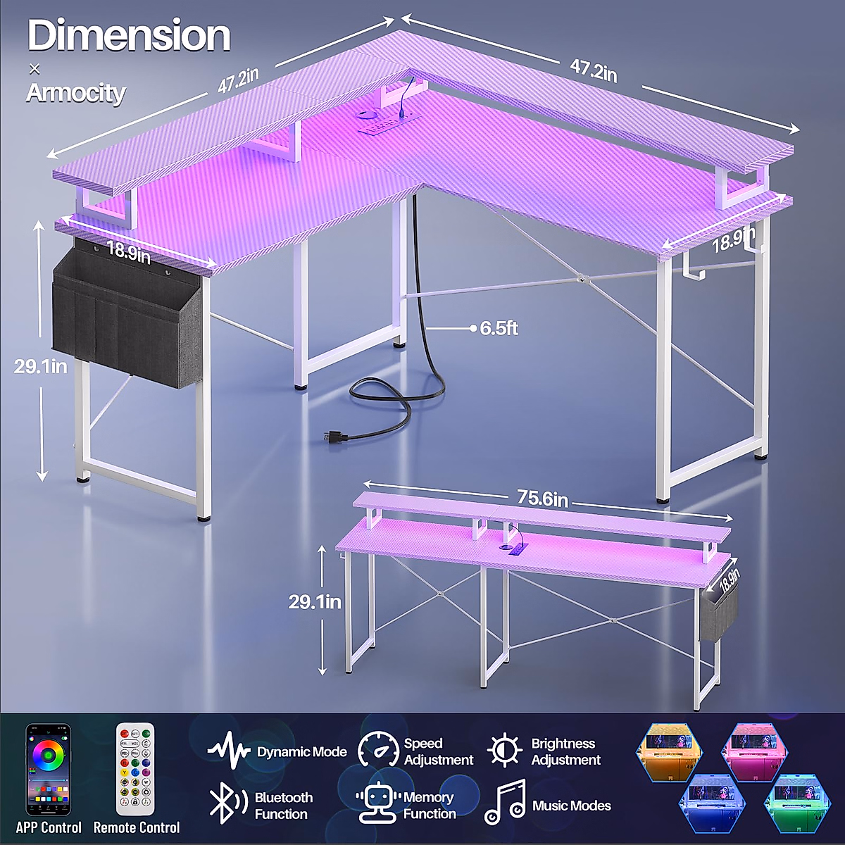 armocity L Shaped Computer Desk with Power Outlets, Gaming LED Lights, Corner Storage Shelves, Work Study for Bedroom, Home Office Small Spaces, 47'', Carbon Fiber Purple