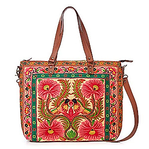 changnoi Embroidered Tote Bag with Adjustable Leather Crossbody Strap