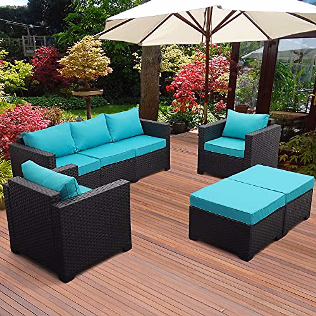 Outdoor Wicker Furniture Couch Set 5 Pieces, Patio Furniture Sectional Sofa with Turquoise Cushions and Furniture Covers, Black Rattan