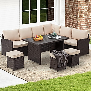 U-MAX 7 Pieces Patio Furniture Set Outdoor Sectional Sofa Conversation Set All Weather Wicker Rattan Couch Dining Table & Chair with Ottoman, Khaki Cushion