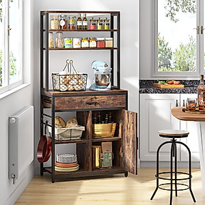 LITTLE TREE Bakers Racks for Kitchen with Cabinet, Large Capacity Microwave Stand with Drawers, 6-Tier Kitchens Utility Storage Shelves with Side Hooks, Rustic Brown