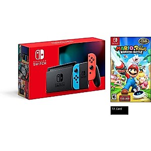 New Switch Deluxe Game Bundle For Holiday: Nintendo Switch with Neon Blue and Neon Red Joy-Con - 6.2" Touchscreen LCD Display + Mario and Rabbids Kingdom Battle Game, and T.F. Card