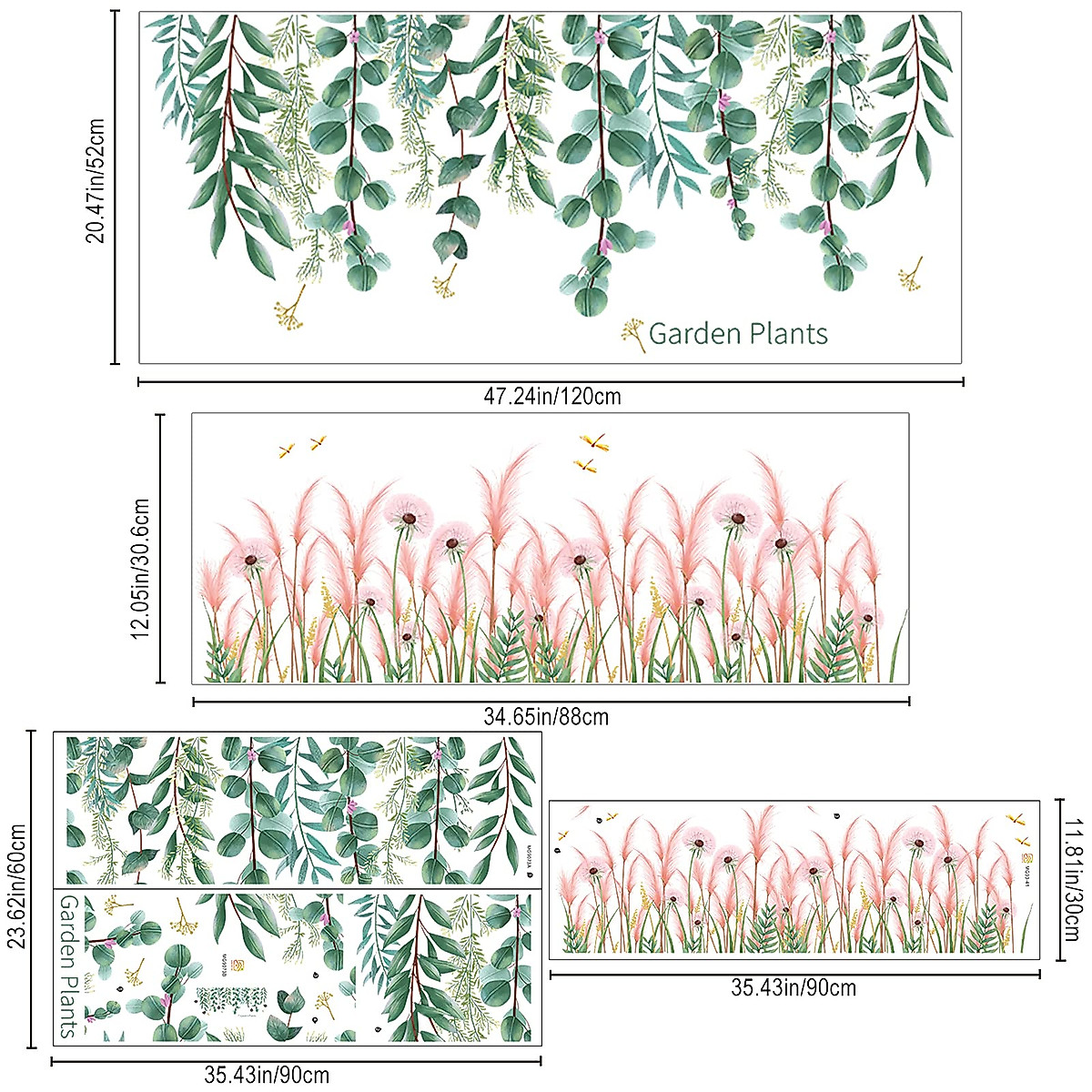 3Pcs Tropical Plants Flowers Vine Wall Corner Stickers, Removable Green Plants Fresh Leaves Flower Wallpaper Decals, Garden DIY Art Mural for Nursery Bedroom Kitchen Offices Home Decorations (B)