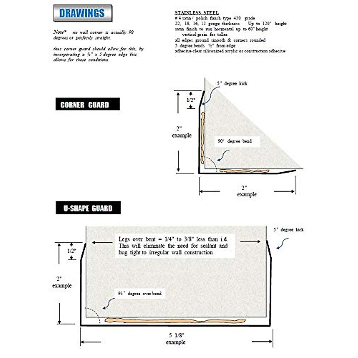 1 1/2" x 1 1/2" x 96" Stainless Steel Corner Guard, 22ga Includes 6 Tubes 10oz Adhesive, Pack of 10 Units Y
