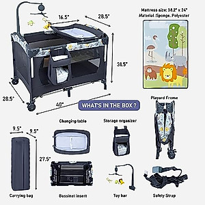 5-in-1 Baby Bassinet Bedside Crib, Pack and Play Long Next to Bed Crib Co Sleeper with Toys & Music Box, Mattress, Foldable Playard, Playpen Travel Bed Nursery Center for Girl Boy Infant Newborn