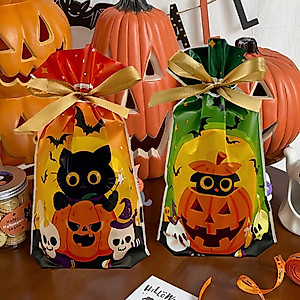 VIFOME 24 Pcs Halloween Goodie Bags Trick or Treat Bags Cat and Pumpkin Candy Bags Plastic Bags with Ribbons for Gift Wrapping Halloween Party Decoration