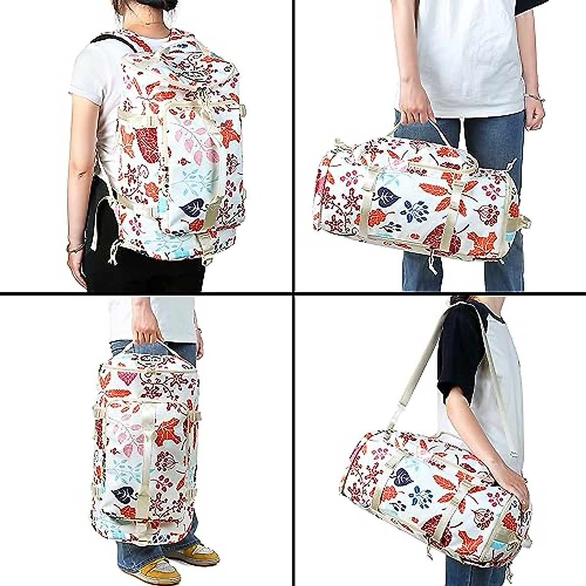 Floral Gym Duffle Bag Backpack 4 ways for Women Waterproof with Shoes Compartment for travel Sport Hiking laptop Lightweight, Kalesi XL