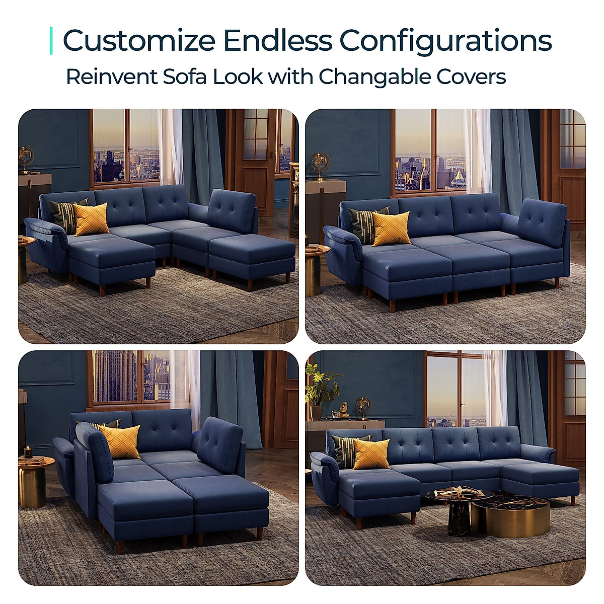 LINSY HOME Modular Sectional Sofa, Velvet Sectional Sofa Couch with Memory Foam, U Shape 6 Seat Modular Sectionals with Ottomans, Sleeper Sofa Couches with Chaise for Living Room, Blue