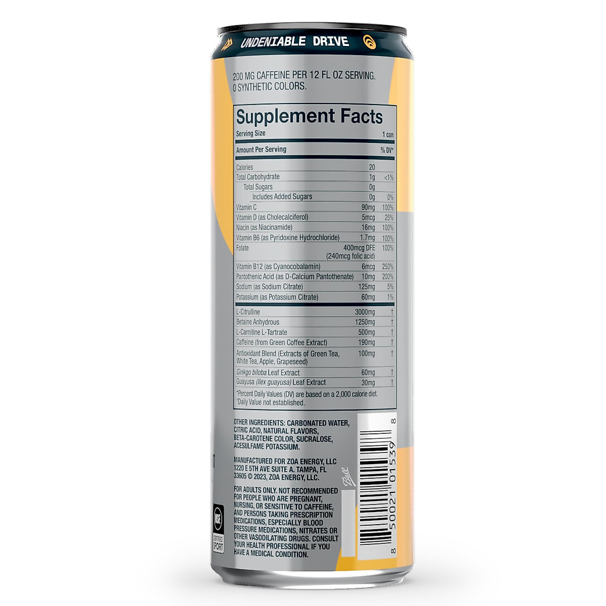 ZOA+ Pre-Workout Energy Drink Supplement - NSF Certified for Sport with Zero Sugar, Nitric Oxide Support, B & D Vitamins, Amino Acids, and Electrolytes (Pineapple Passion Fruit)