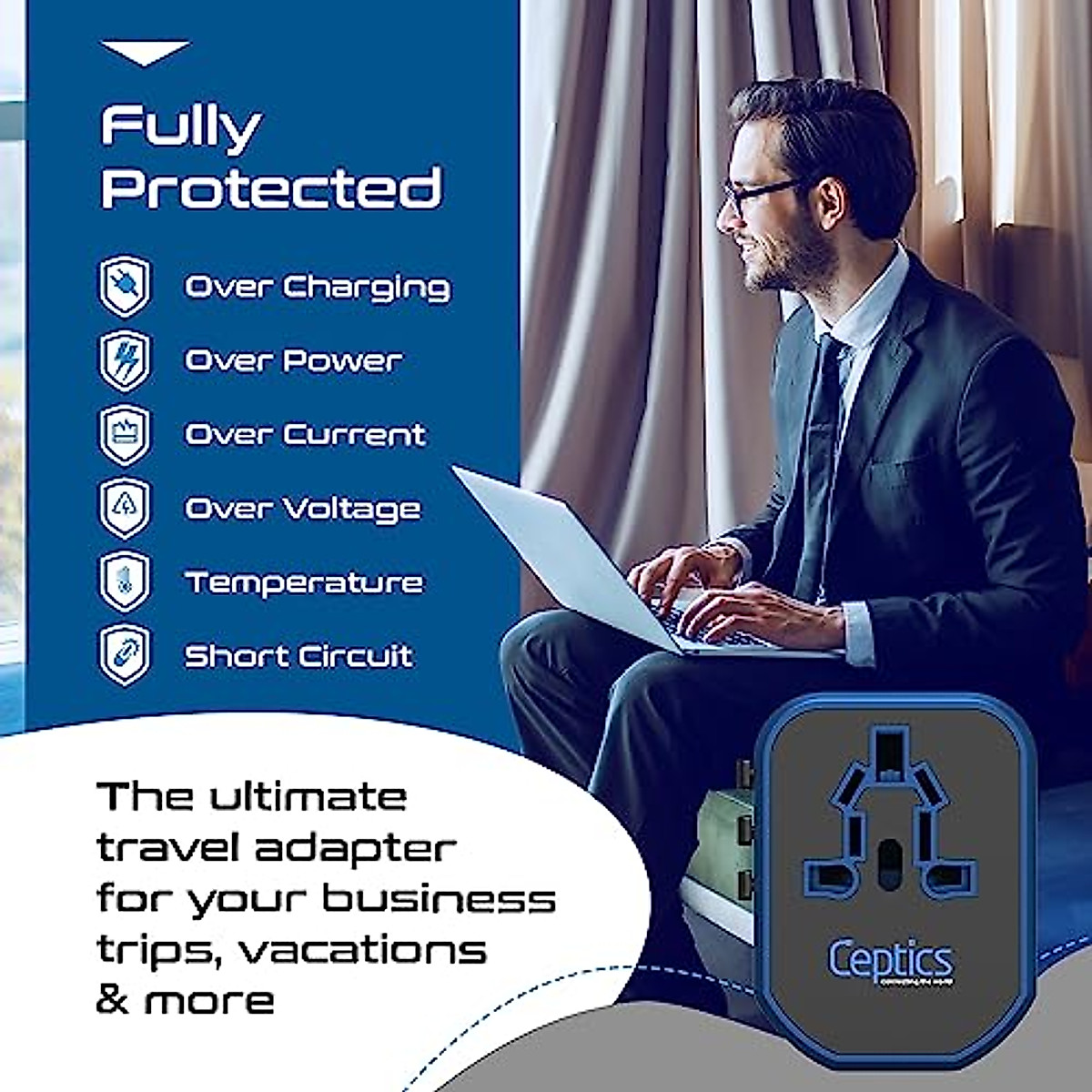 Ceptics Universal Adapter - World Power Charger Wall Charger 2 USB Type I C G A Outlets All in One 110V 220V A/C - Works in Europe, Asia, Australia, China, Africa (UP-8KU-BLK)