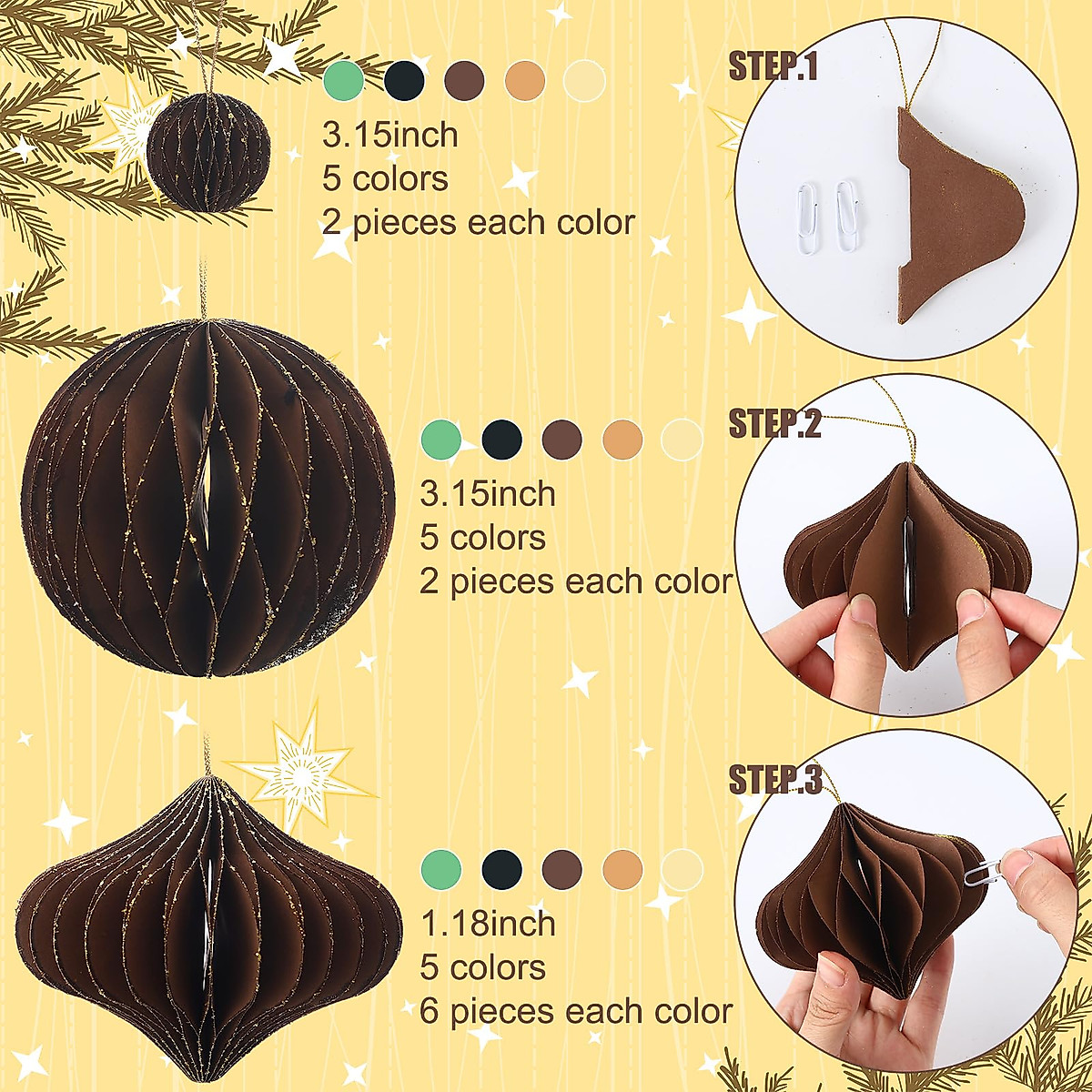 TecUnite 50 Pcs Glitter Christmas Party Decorations 3D Mini Glitter Edge Paper Honeycomb Ornament Honeycomb Tissue Hanging Ornament for Xmas Tree Decoration Wedding Birthday Party(Classic)