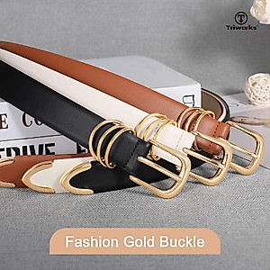 TRIWORKS Women's Leather Belts for Jeans Dresses Ladies Waist Belt with Fashion Gold Buckle, A-Black+Brown+Beige