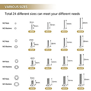 Kindroufly 1285 Pieces M2 M3 M4 M5 Screws Nuts Washers Assortment Kit, Metric Screw Set, Bolts and Nuts, Machine Screws, Fully Machine Thread (Silver, Phillips Pan Head Machine Screws Kit)