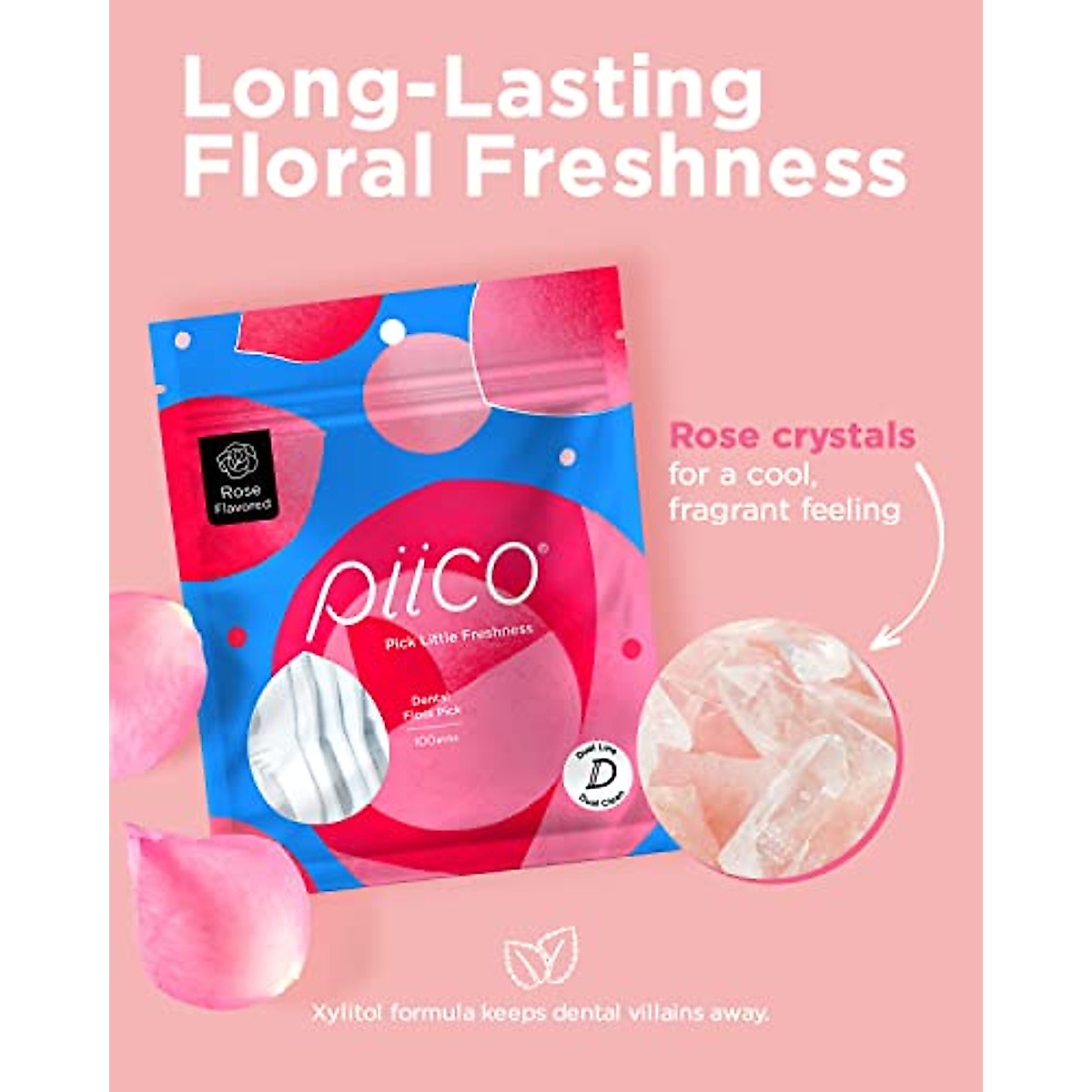 Piico Rose Floss Picks with Xylitol, 100 Counts, Unbreakable and Shred-Resistant Flossers for Adults, Resealable Pack, Long-Lasting Unique Flavored Dental Floss Picks, Doubles as Portable Dental Picks