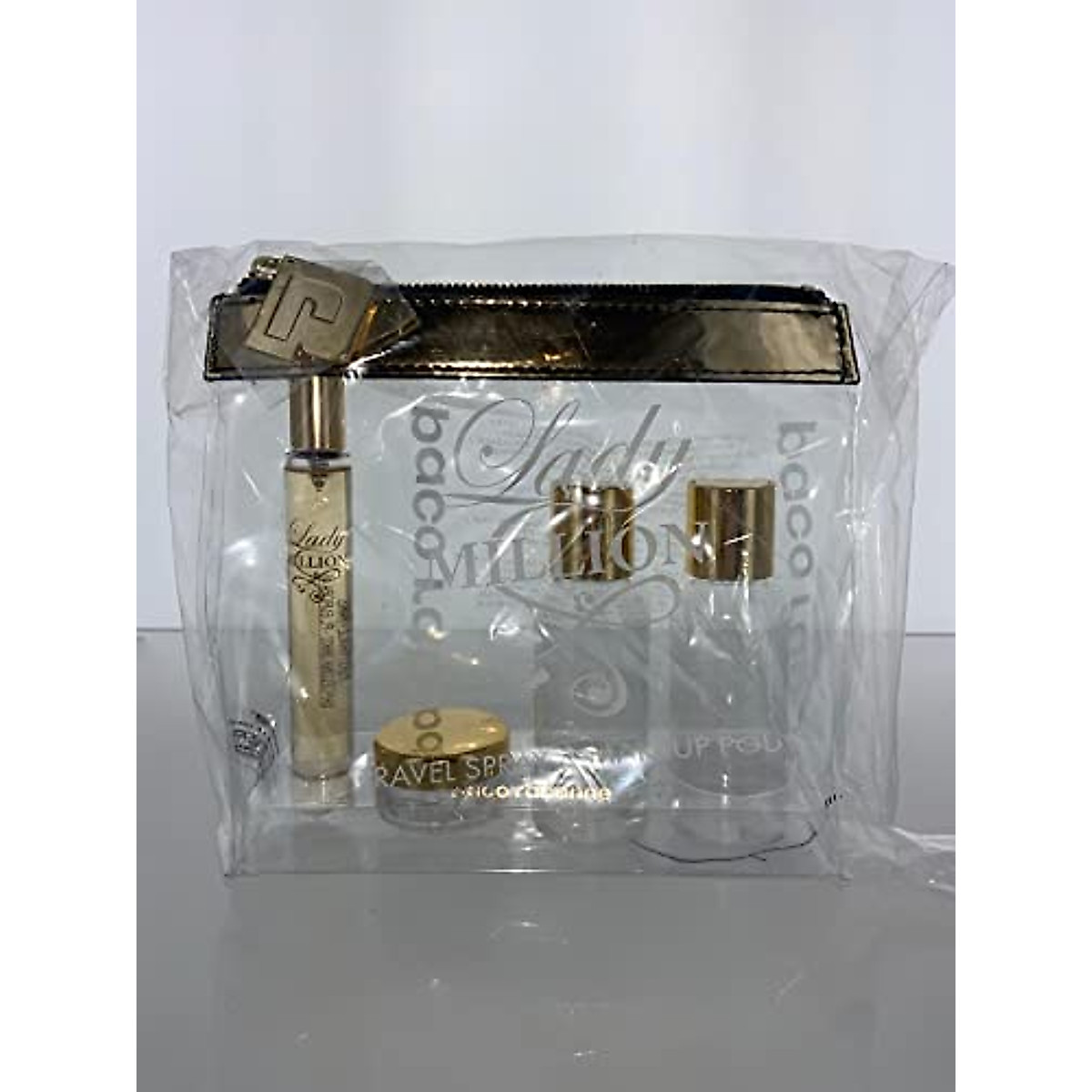 Paco Rabanne Lady Million For Women 5 Piece Set (0.34 Eau De Parfum Travel Spray + 3 Empty Containers + Toiletry Bag)