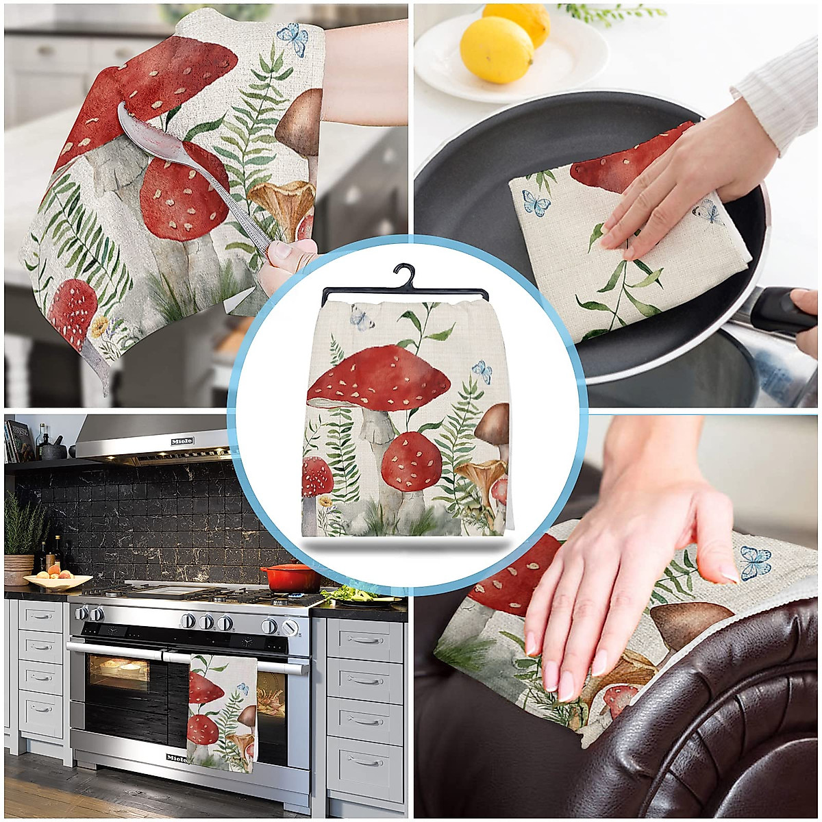 Retro Mushroom Kitchen Towels,Absorbent Microfiber Kitchen Dish Hand Tea Bath Towel,Boho Butter-fly Botanical Floral Wildflowers Green Leaves Aesthetic Quick Dry Dishclothes Decorative Sets,1-PC