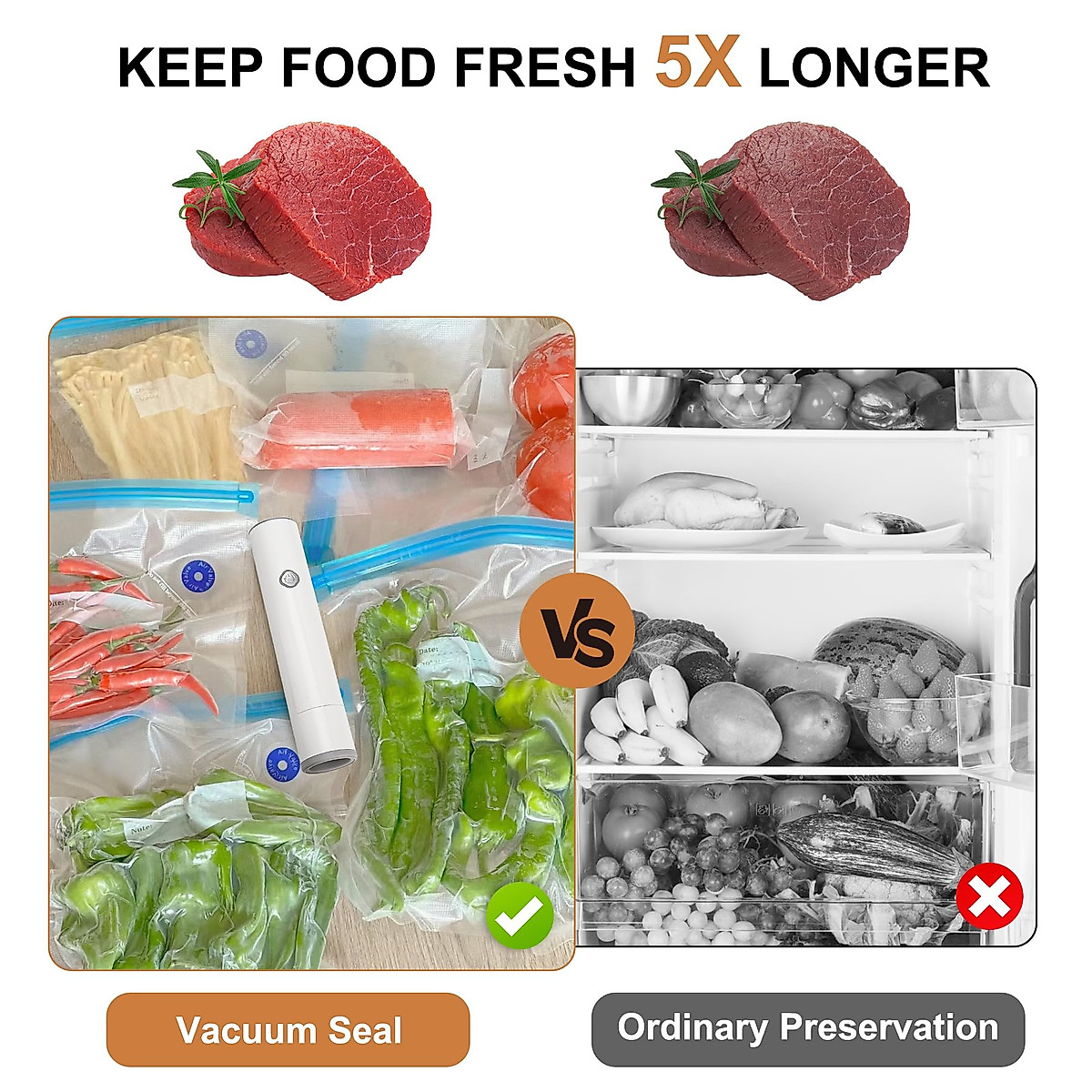 ESLKNOE Handheld Vacuum Sealer, Portable Cordless Vacuum Sealer Machine for Food Preservation Fresh & Save Vacuum Wine Sealer with 5pcs Reusable Zipper Vacuum Bags (1 Pump+5 Bags)