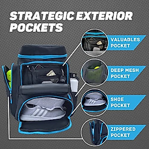 Pickleball Backpack for Men and Women - Fits 2 to 4 Paddles - Shoe Compartment, Fence Hook, Storage Pockets for 2 Water Bottles, Pickleballs, Clothing, Racquet/Paddle Storage - Pickleball Bag