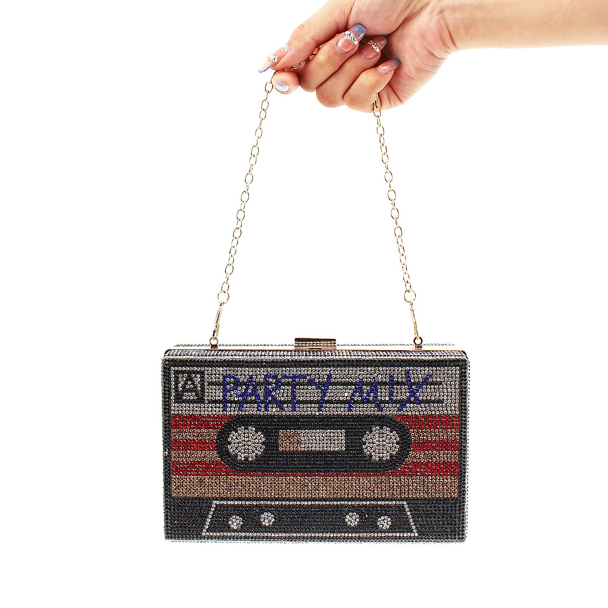 ZLM BAG US Retro Cassette Evening Clutch Purse Crystal Inlaid Bling Crossbody Shoulder Bag for Graduation Wedding Party