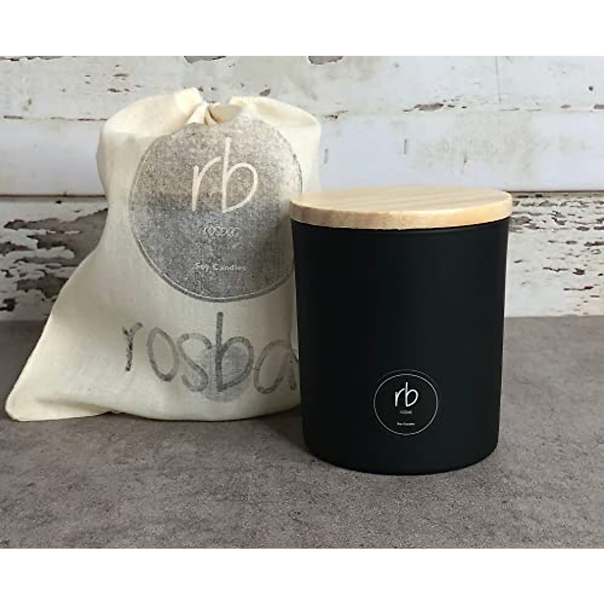 Rosbas Candle, Cinnamon Vanilla Scented, Natural Soy Wax, Black Glass Jar, Wooden Lid, 7 oz, Cotton Wick, Drawstring Cotton Bag, Long Burn Time, Home, Non-Toxic, Handmade in The USA