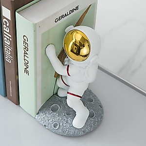Banllis Space Theme Bookends for Shelves, Astronaut Moon Book Ends for Kids Room, Decorative Planet Book Stoppers to Hold Books Heavy Duty, Unique Boys and Girls Gift (Gray)