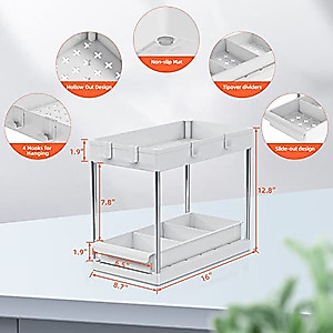 ECO-WILL 2 Pack Under Sink Organizers and Storage, Sliding Basket Organizer 2 Tier Bathroom Organizers with Hooks, Hollow-Carved, Divider, Multi-Purpose Cabinet Organizer for Kitchen, Bathroom, White