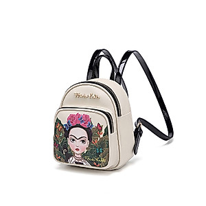 Frida Kahlo Cartoon Licensed Faux Leather Mini Size Backpack (Black: Cartoon)