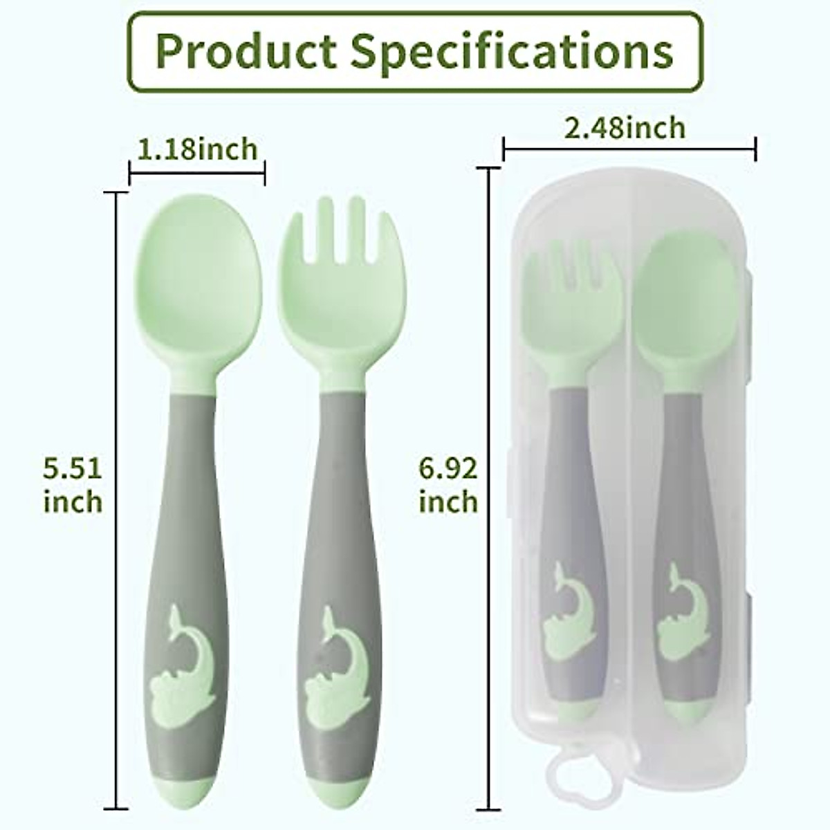Baby Utensils Spoons Forks Sets with Travel Safe Case, Easy Grip Heat Resistant Bendable BPA Free Toddler Feeding Training Utensils Sets (2Pack,Green)