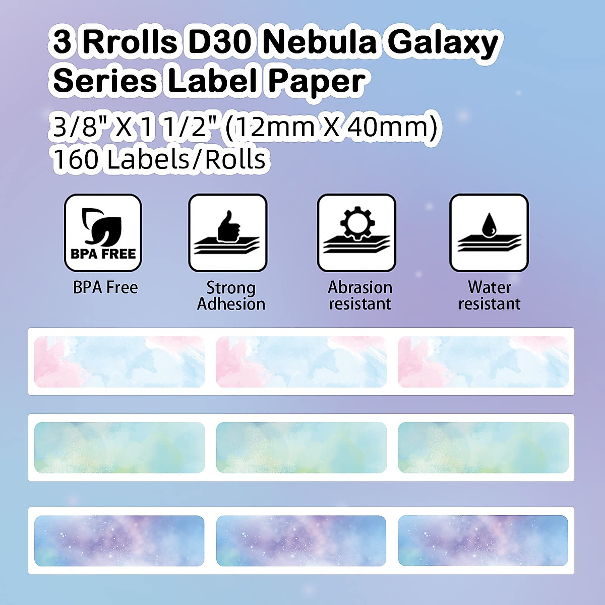 Phomemo D30 Labels - Nebula/Galaxy Series Adhesive Thermal Labels, 12mm x 40mm, 3 Rolls (160 Labels Each),Phomemo D30 Label Maker Tape for Gift Wrapping, Christmas, New Year and Various