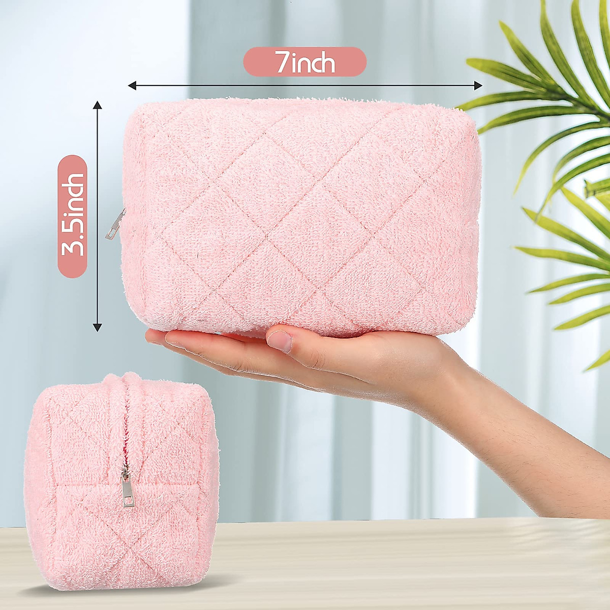 LEIFIDE 4 Pcs Quilted Makeup Bag Pouch Cute Plush Fuzzy Checkered Cosmetic Bag Cotton Terry Cloth Toiletry Pouch with Zipper Portable Travel Organizer Preppy Brush Storage for Christmas Women Gift