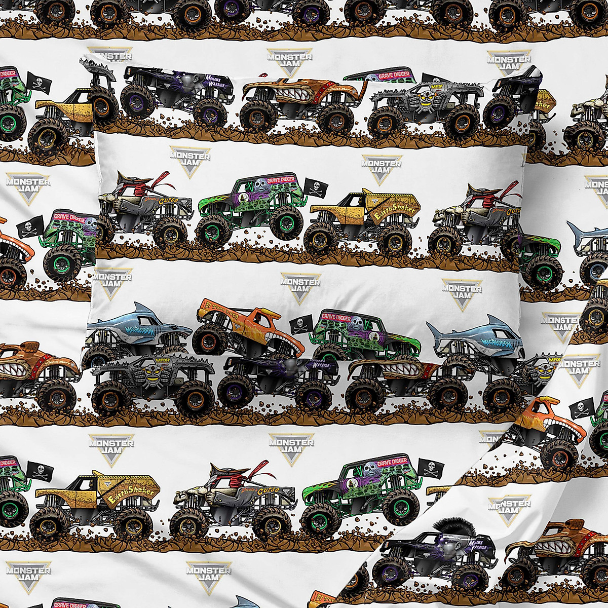 Jay Franco Monster Jam Tracks Twin Sheet Set - 3 Piece Set Super Soft and Cozy Kid’s Bedding Features Grave Digger & Megalodon - Fade Resistant Microfiber Sheets