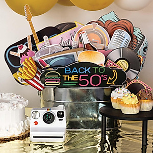 50s Photo Booth Props - 41-pc Photo Booth Kit with 8 x 10-Inch Sign, 60 Adhesive Pads, 45 Sticks - Sock Hop Party Decorations - Fifties Theme Photo Booth Props