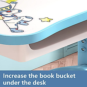HEVIRGO Children's Learning Desk and Chair Set Learning Desk Height Adjustable with Drawer Wide Desktop Cartoon Pattern Table and Chair Set Suitable for Reading, Learning, Writing, Painting, Etc Blue