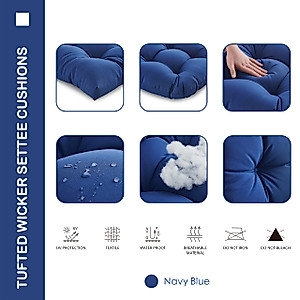 YOOZEKU Outdoor/Indoor All Weather Tufted Wicker Chair Cushions of 3 Pieces, 1 Loveseat and 2 U-Shape Waterproof Cushions for Patio Furniture,Wicker Loveseat,Bench-Navy Blue