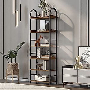DHAEY Modern Bookshelf 7 Tier with 4 Hooks,Industrial Wood Bookcase,Vintage Storage Rack with Open Shelves,Rustic Standing Bookshelves Metal Frame Display Rack for Bedroom,Rustic Brown