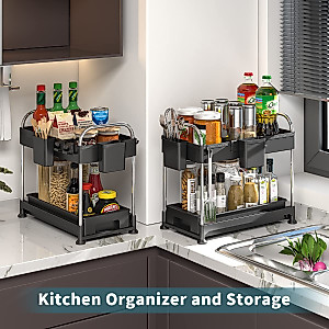 Luyata 2 Pack Under Sink Organizer, 2-Tier Pull Out Under Sink Cabinet Organizer, Sliding Drawer Basket Storage Organizer Shelf for Kitchen Bathroom, with Hooks, Hanging Cup, Dividers, Black