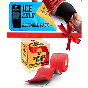 Sparthos Kinesiology Tape [Crimson Red - 16.4ft Uncut Roll] x Ice Packs for Injuries [Size Medium + Cover]