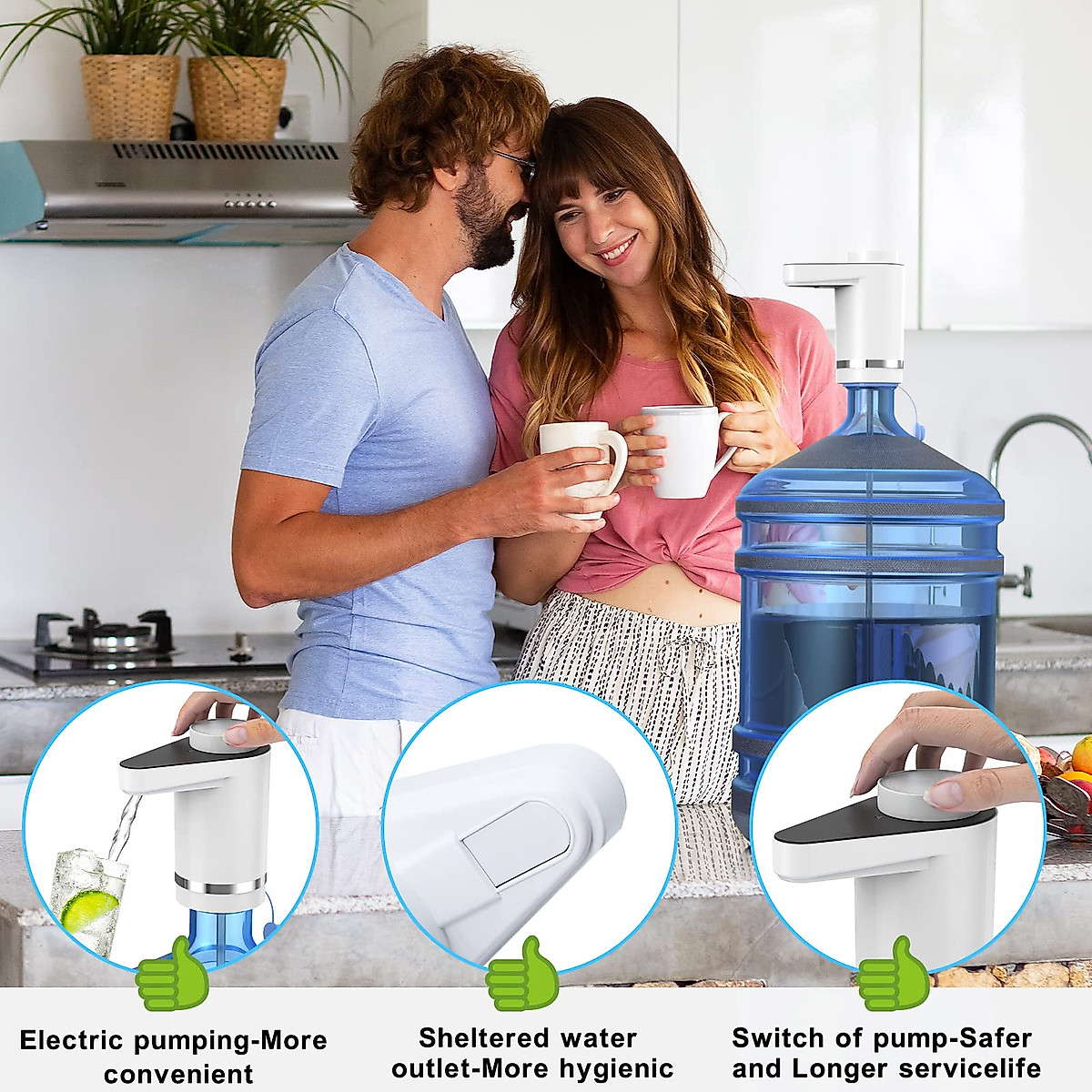 Water Dispenser Pump for 5 Gallon Bottle, Portable Water Bottle Pump with USB Charging, Electric Automatic for 2-5 Gallon Jugs, for Home Camping -White