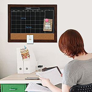 4 THOUGHT Chalkboard Calendar Corkboard Combo, 12" x 16" Small Bulletin Board Magnetic Calendar Chalkboard for Wall Combination Board Monthly Planner Rustic Brown Frame 1 Markers 6 Magnets 4 Pushpins