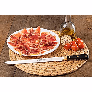 ARCOS Carving Knife 10 Inch Stainless Steel. Ham Slicer Knife for Cutting Ham and Meat. Ergonomic Polyoxymethylene Handle and 250mm Blade. Series Regia. Color Black/Gold