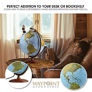Waypoint Geographic Illuminated Desk Globe with Stand and Raised Relief Features - 1,000's of Up-to-Date Named Places & Points of Interest - Wood Stand (Blue)