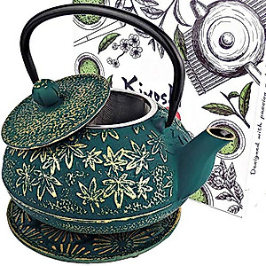 Japanese Cast Iron Teapot Large Capacity 40Oz with Trivet and Loose Leaf Tea Infuser, Cast Iron Tea Kettle Stovetop Safe. Tetsubin Coated with Enamel Interior.