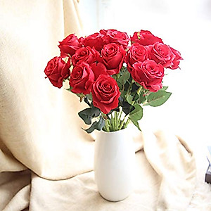 Amzali Artificial Flowers, Real Looking Blush Fake Rose Long Stem Silk Artificial Rose Flowers Home Decor for Bridal Wedding Bouquet, Centerpieces Birthday Flowers Party Garden Floral Arrangement Red