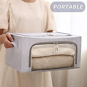Foldable Clothes Storage Bins 2 Pack, Stackable Metal Frame Clothing Storage Box, Oxford Fabric Organizer Set with Clear Windows&Sturdy Carry Handles(22L,Light Grey)
