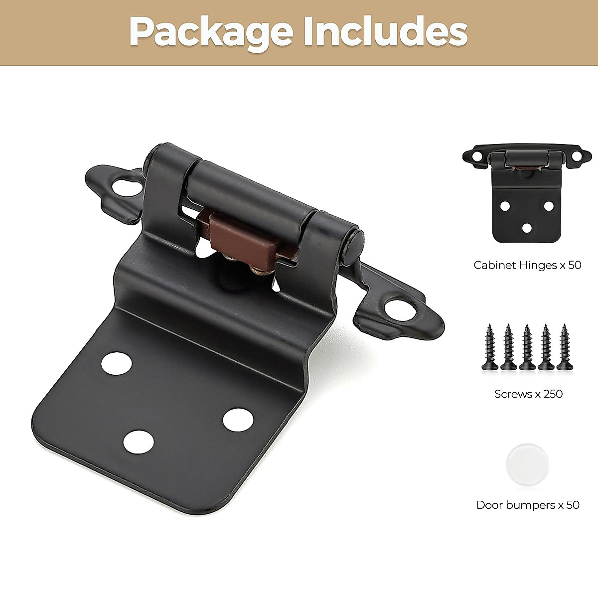 50 Pack 25 Pair Black Cabinet Hinges - 3/8 inch Inset Kitchen Cabinet Hinges, Semi-Concealed Hinges, Self Closing Cabinet Door Hinges with Door Bumper Flush Face Mount Cupboard Hardware
