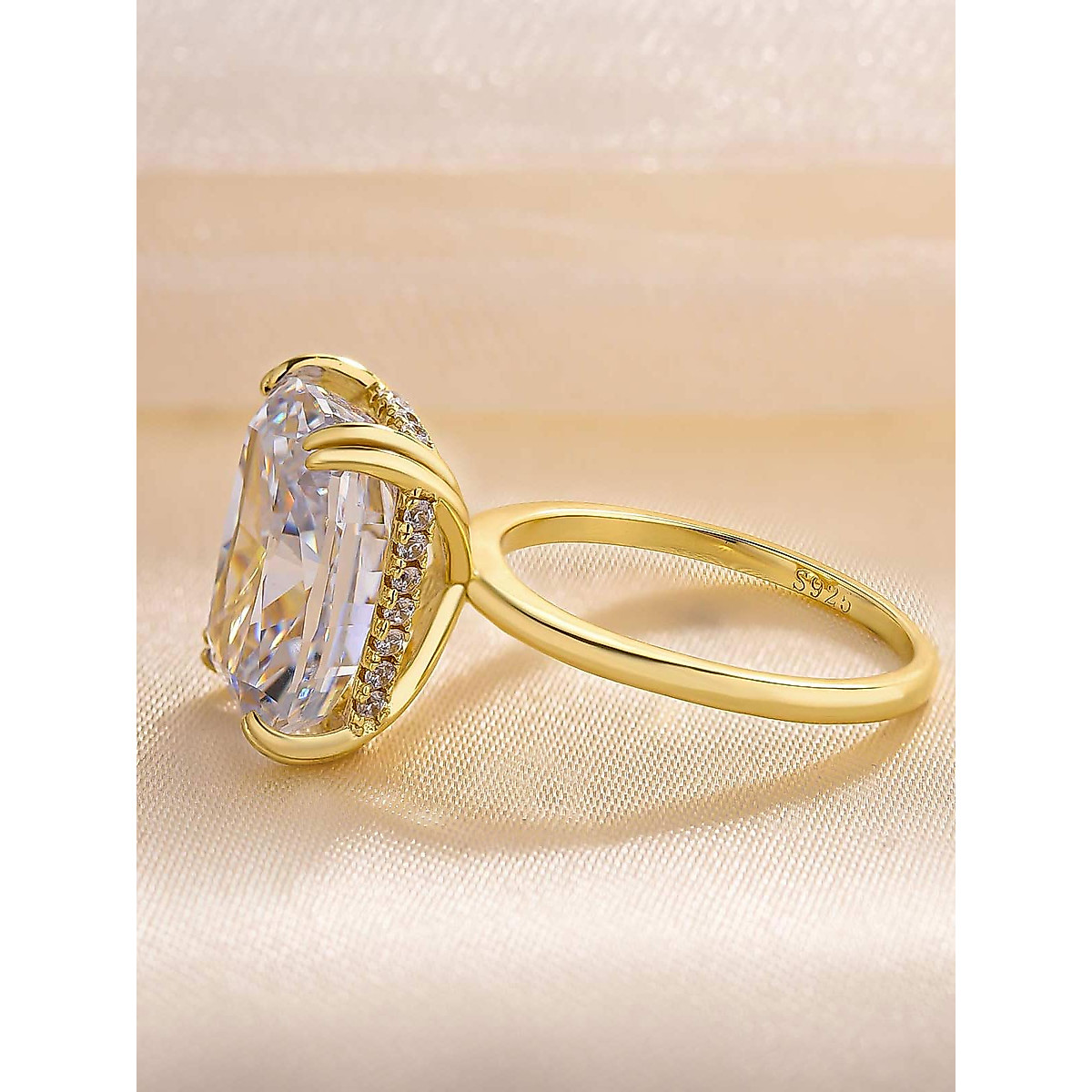 Effinny Engagement Ring for Women 6.0ct Elongated Cushion Cut,18K Gold Plated Sterling Silver Simulated Diamond Promise Ring(Size:7)