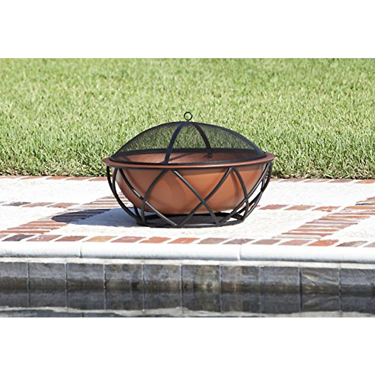 Fire Sense 62241 Fire Pit Barzelonia Copper-Look Wood Burning Lightweight Portable Outdoor Firepit Backyard Fireplace Camping Bonfire Included Screen Lift Tool & Cooking Grate - Round - 26"